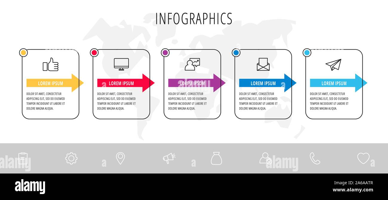 Line vector infographic flat template. Rectangles with arrows for five diagrams, graph ...