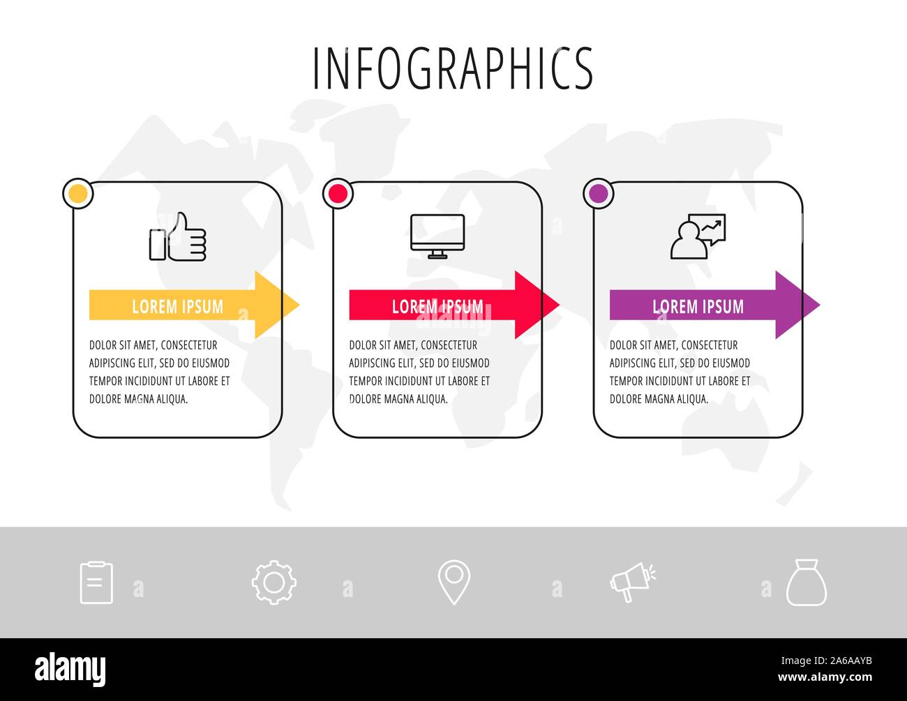Line vector infographic flat template. Rectangles with arrows for three diagrams, graph ...