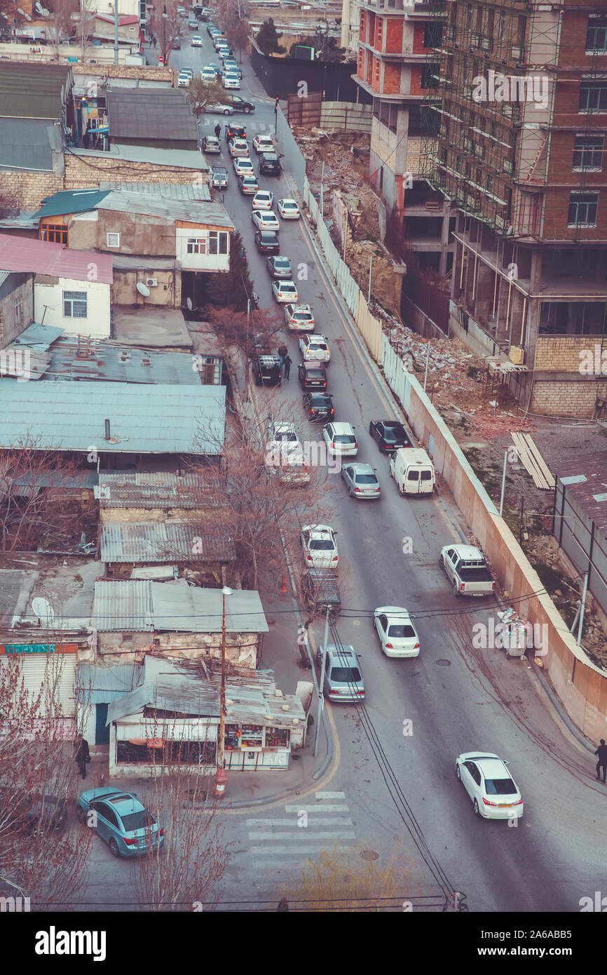 Traffic jammed on the road . top view . cars are jammed on the road ...