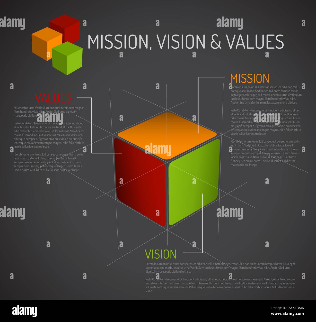 Vector Mission, vision and values diagram schema infographic (cube dark ...