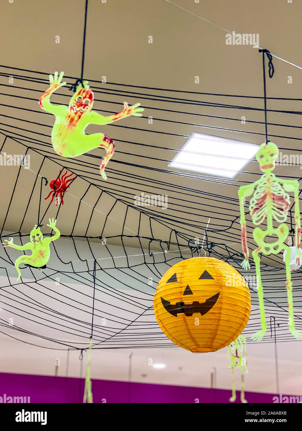 Halloween decoration with spooky jack o lantern and bloody skeleton ...