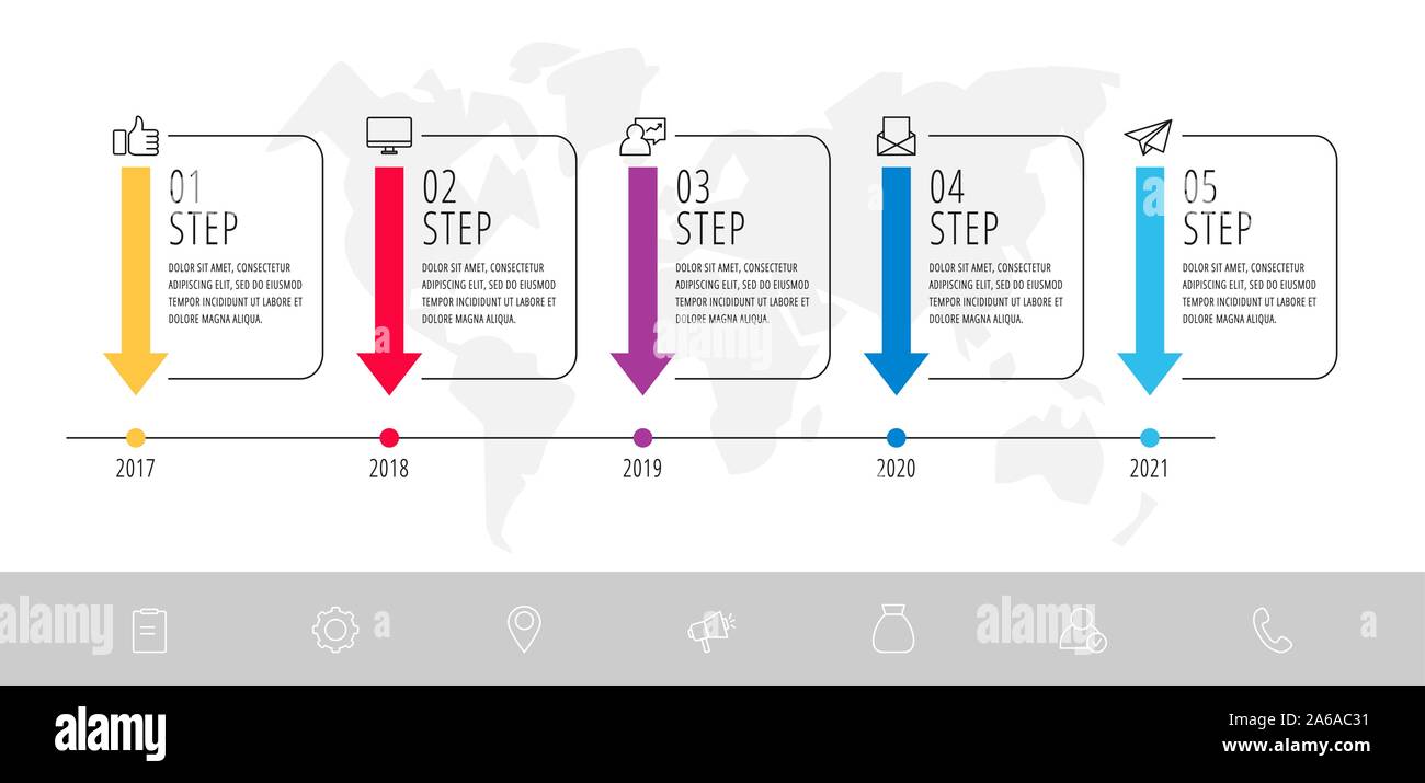 Line vector infographic flat template. Rectangles with arrows for five diagrams, graph ...