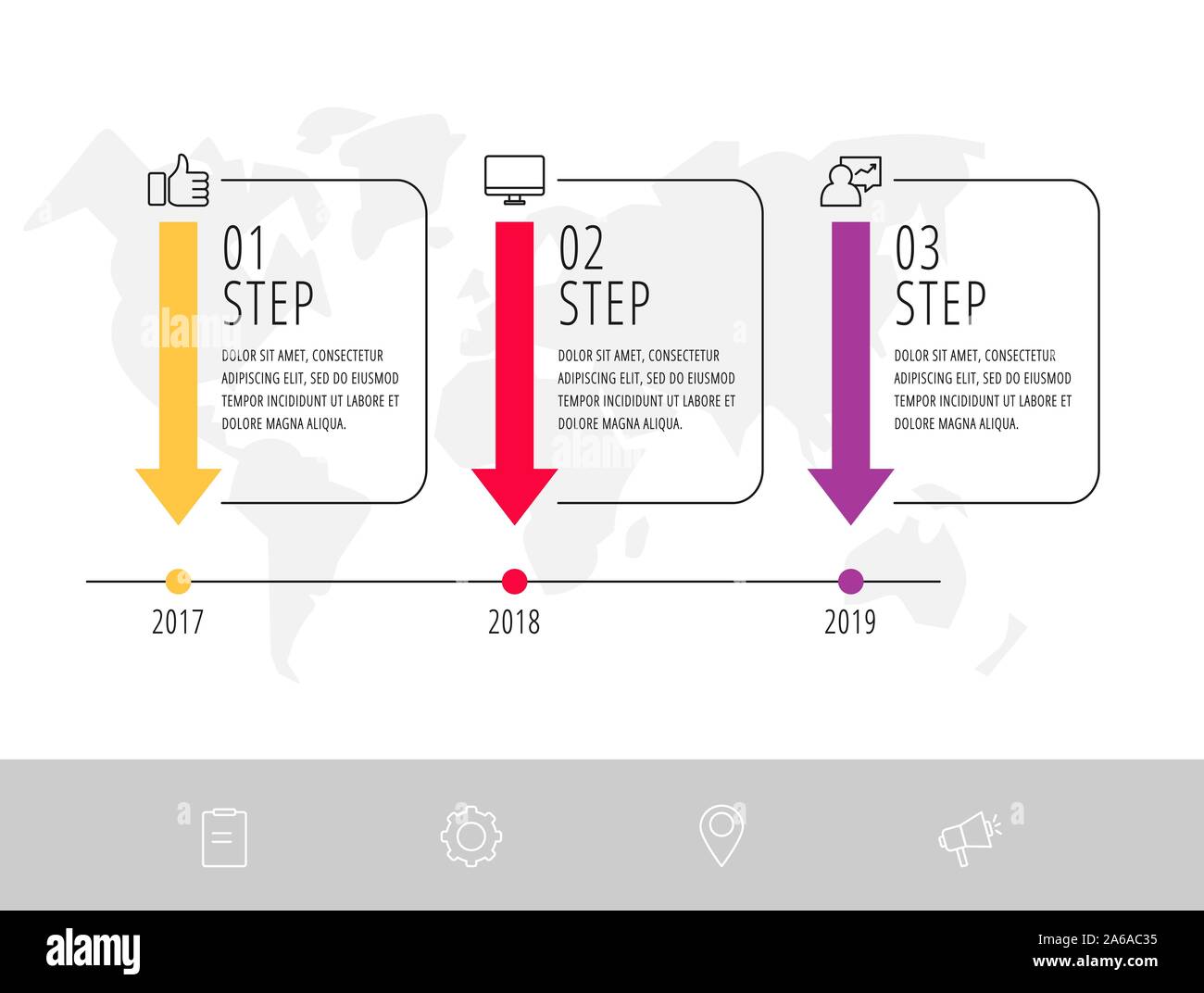 Line vector infographic flat template. Rectangles with arrows for three diagrams, graph ...