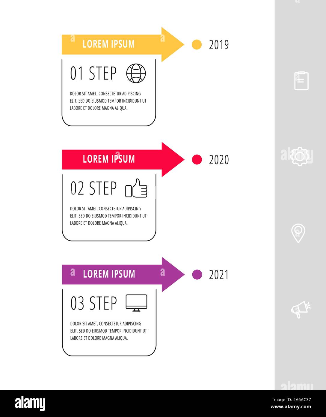 Line vector infographic flat template. Rectangles with arrows for three diagrams, graph ...