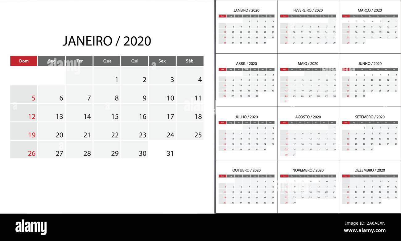 Simple calendar on Portuguese 2020 week start on Sunday. Template for ...