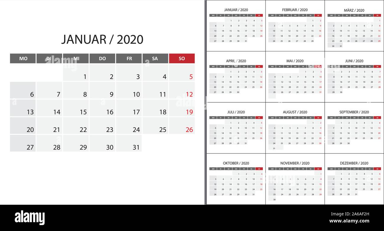 Simple calendar on German 2020 week start on Monday. Template for ...