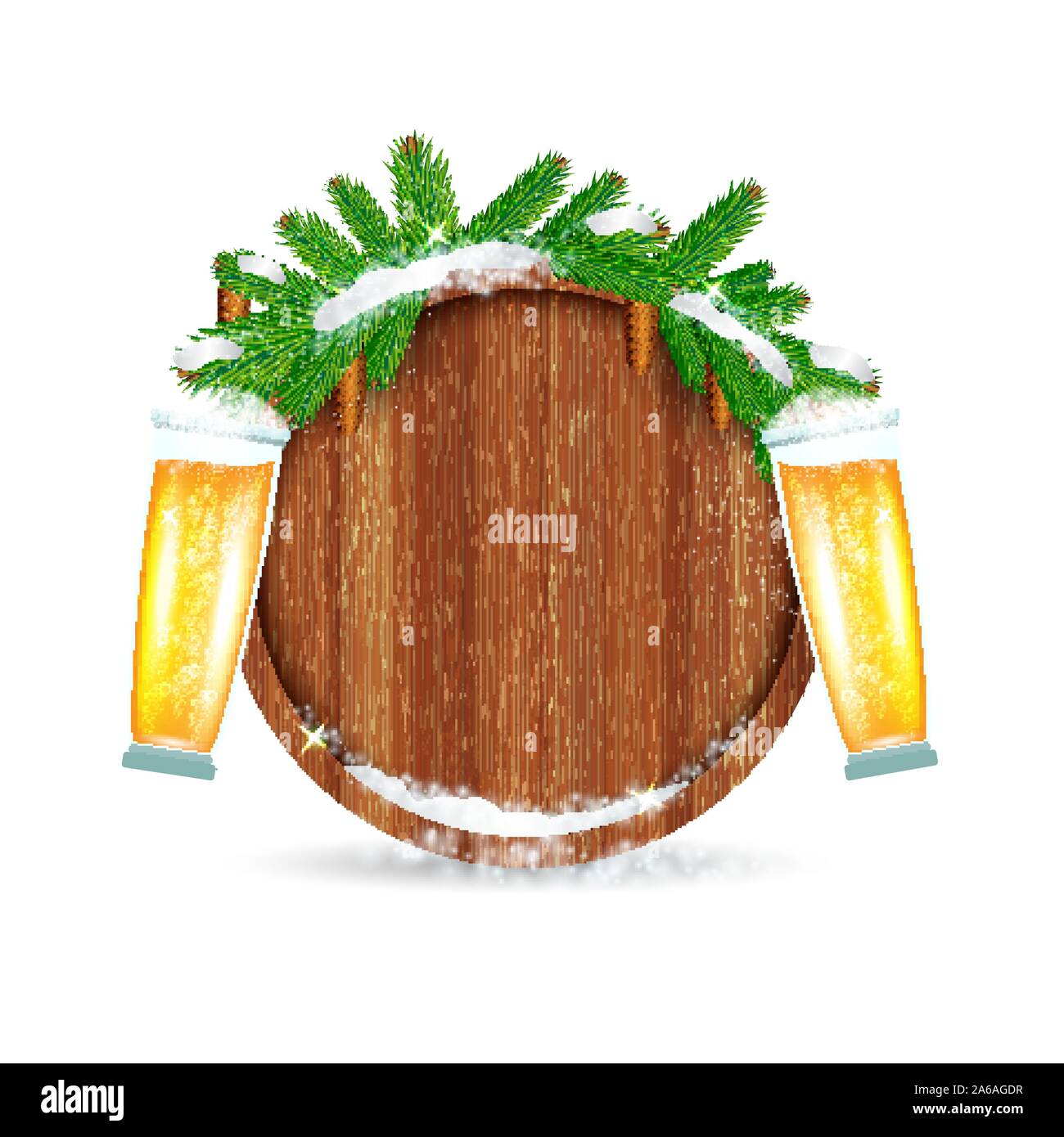Wood barrel with snowy fir tree branch between beer of glasses ...