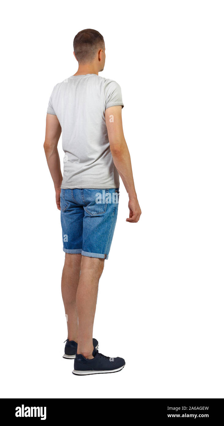 Back view of young manin shorts looking. Rear view people collection ...