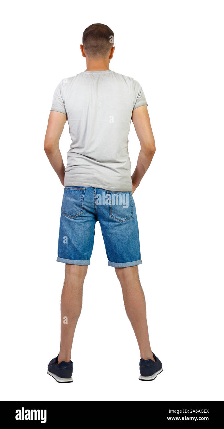 Back view of young manin shorts looking. Rear view people collection ...