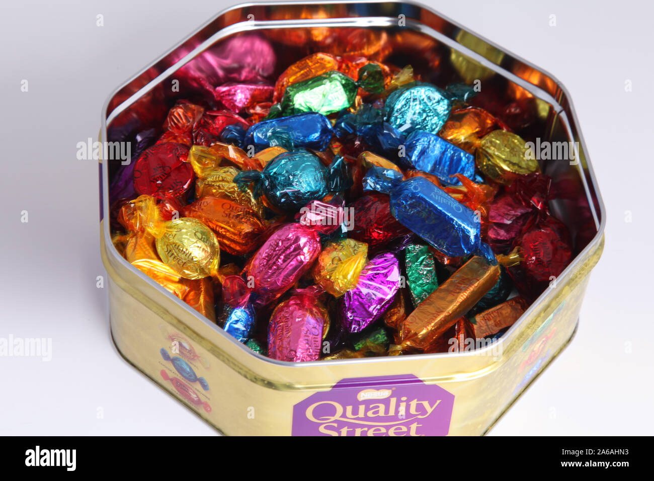 Quality Street Christmas edition 2019, open tin of quality street ...