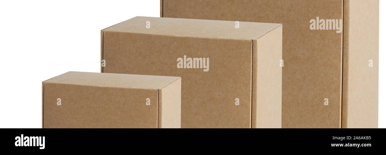 Cardboard boxes of various sizes are arranged in a row diagonally ...