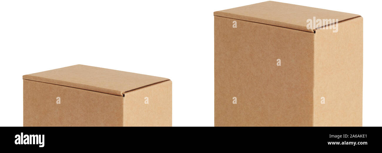 Cardboard boxes of various sizes are arranged in a row diagonally ...