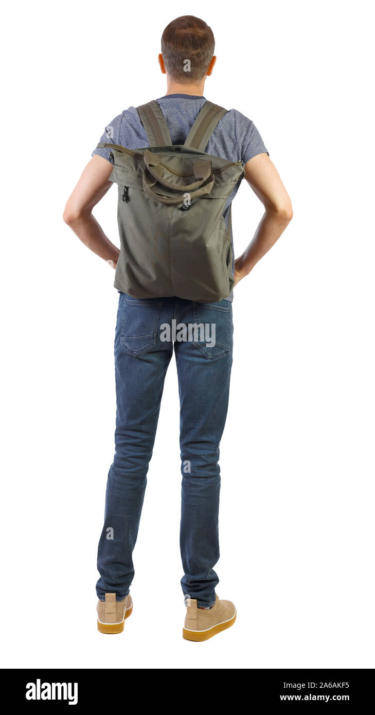 Back view of a man with a green bag. backside view of person. Rear view ...