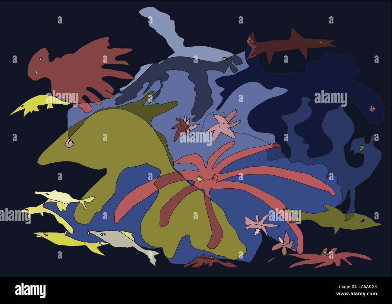 A colorful and mysterious drawing of the underwater world. Decorative ...