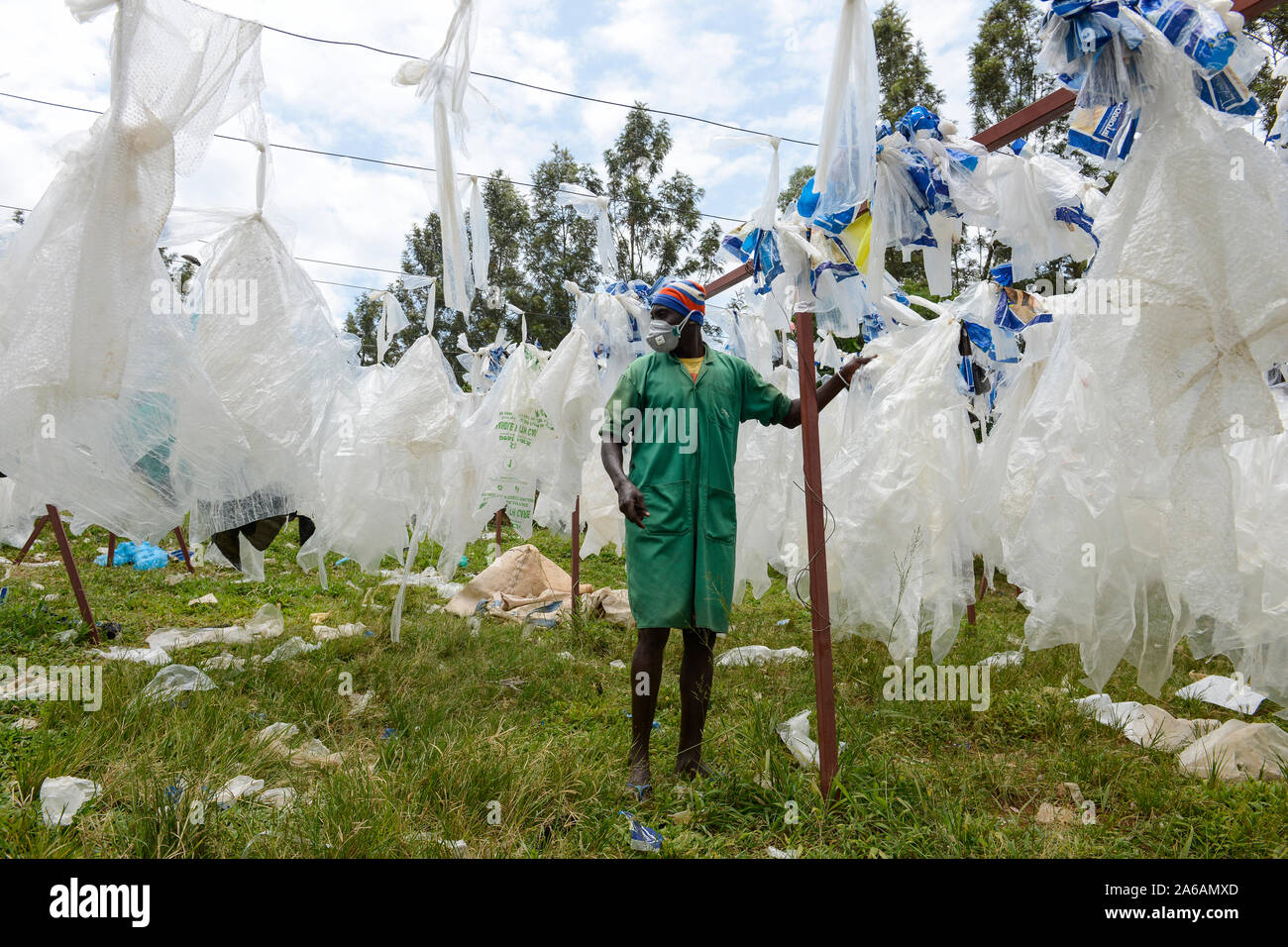 RWANDA, Kigali, plastic recycling at company ecoplastics, worker clean ...