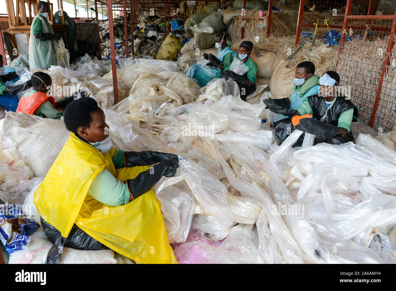 RWANDA, Kigali, plastic recycling at company ecoplastics, worker sort ...