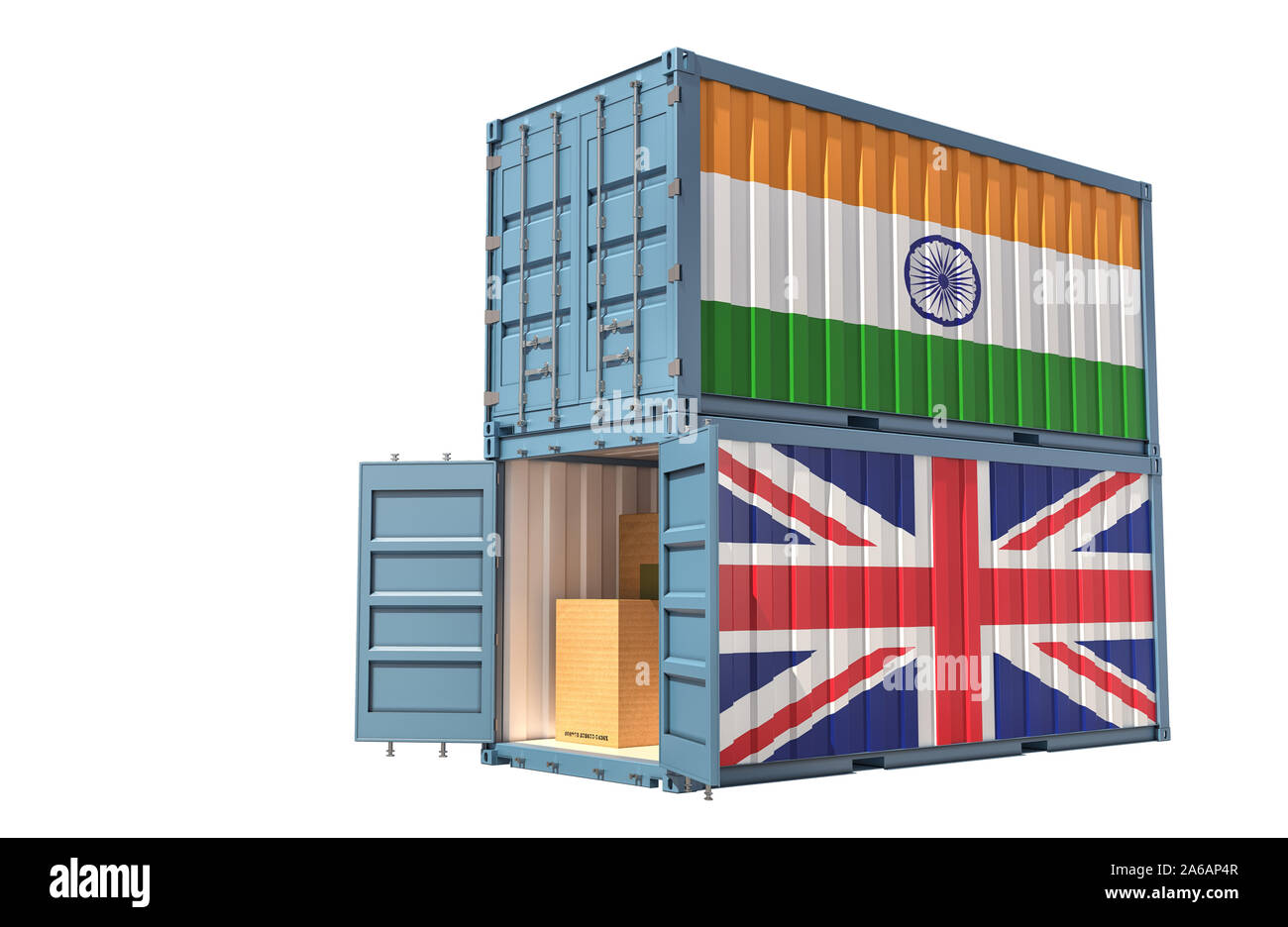 Two freight container with India and United Kingdom flag. Isolated on ...