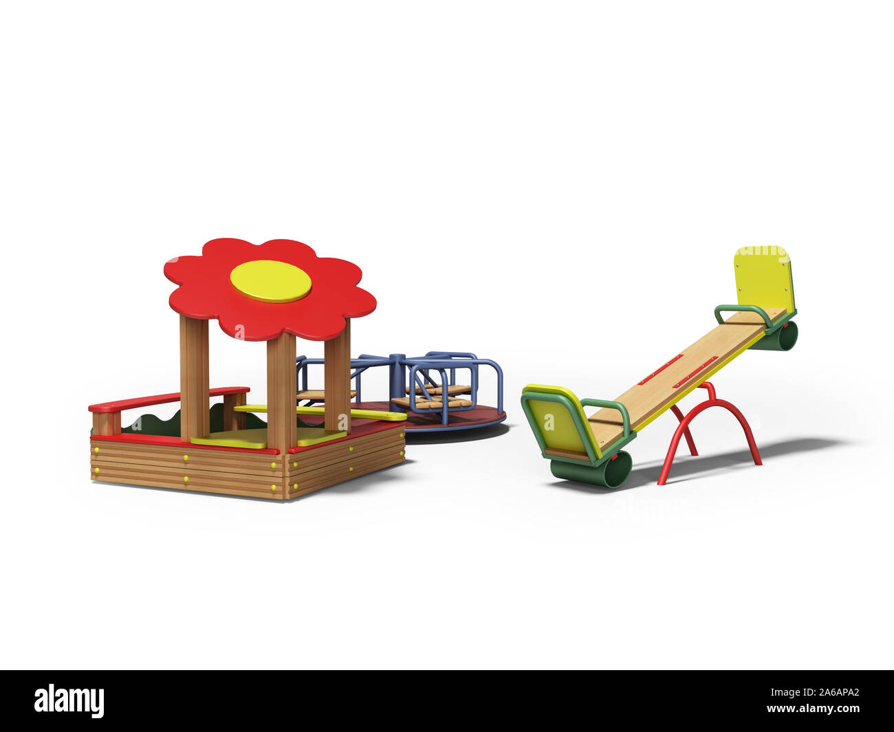 Modern wooden playground for children with sandbox and two swings 3d ...