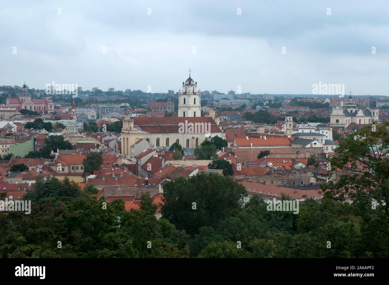 Vilnius Lithuania, cityscape of old town with several church bell ...