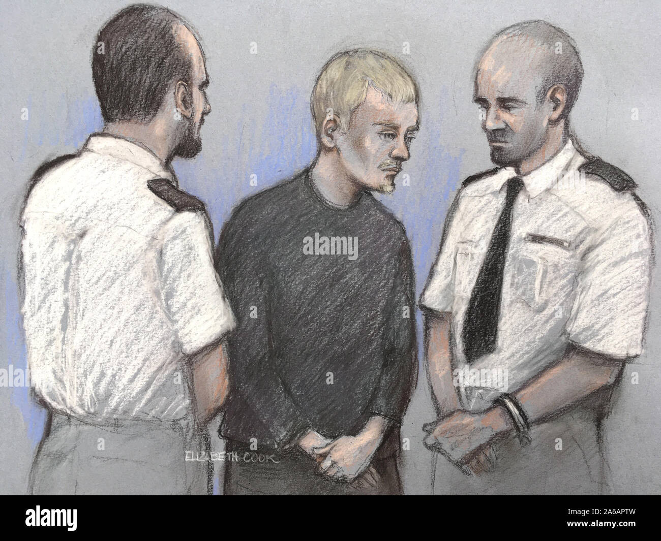 Court artist sketch by Elizabeth Cook of Charlie Chandler (centre ...