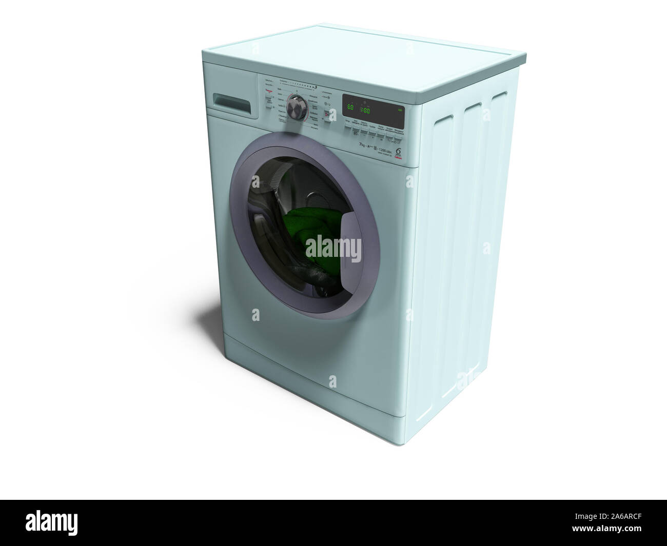 Modern blue washing machine with things in the water 3d render on white ...