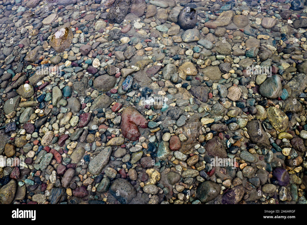 Texture of river pebbles in shallow water. Gravel under the river water ...