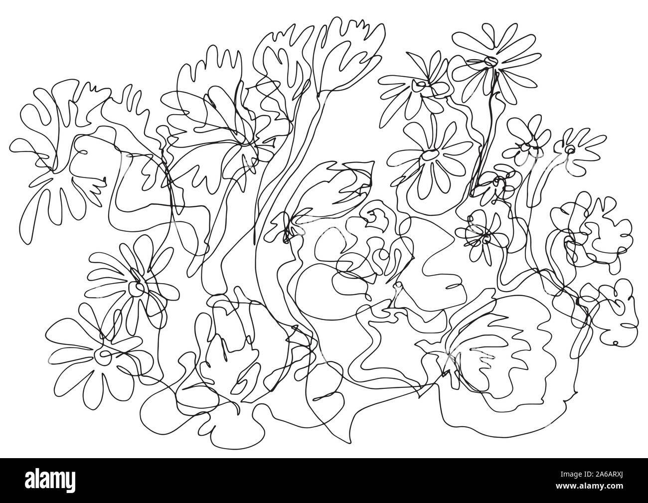 Unique Line Art Drawing Various interlaced flowers. The mystery of ...