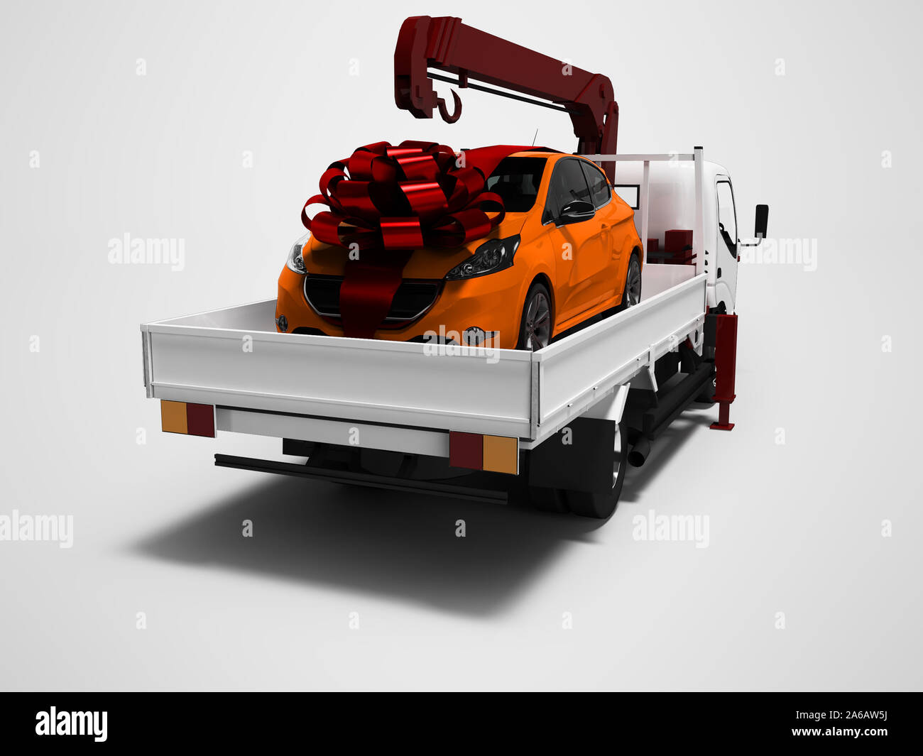 Modern small truck with car as gift 3d render on gray background with ...