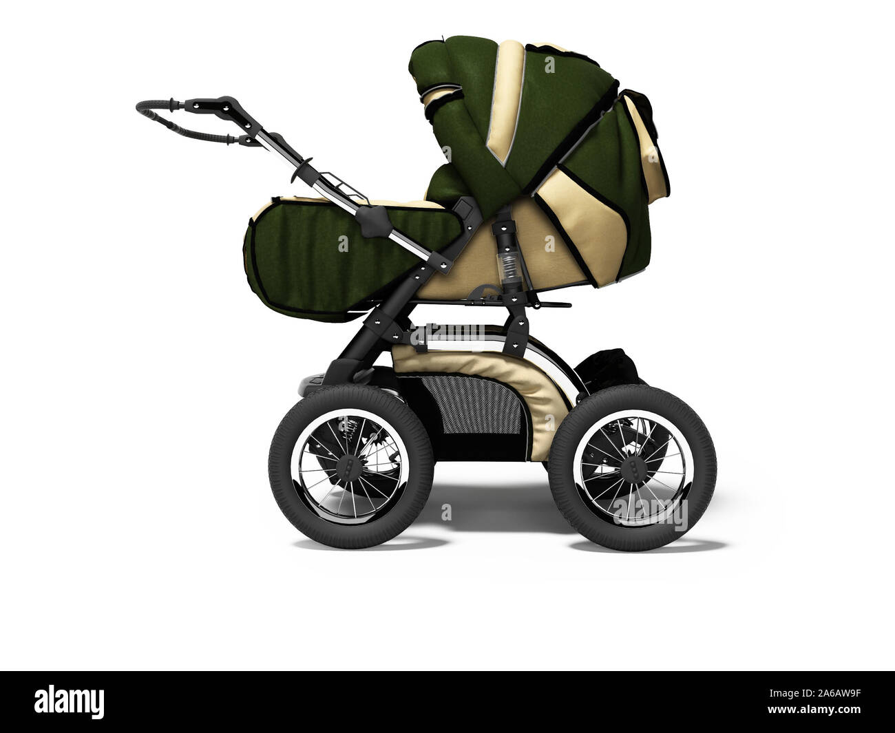 Multifunctional green pram for kids with pockets 3d render on white ...