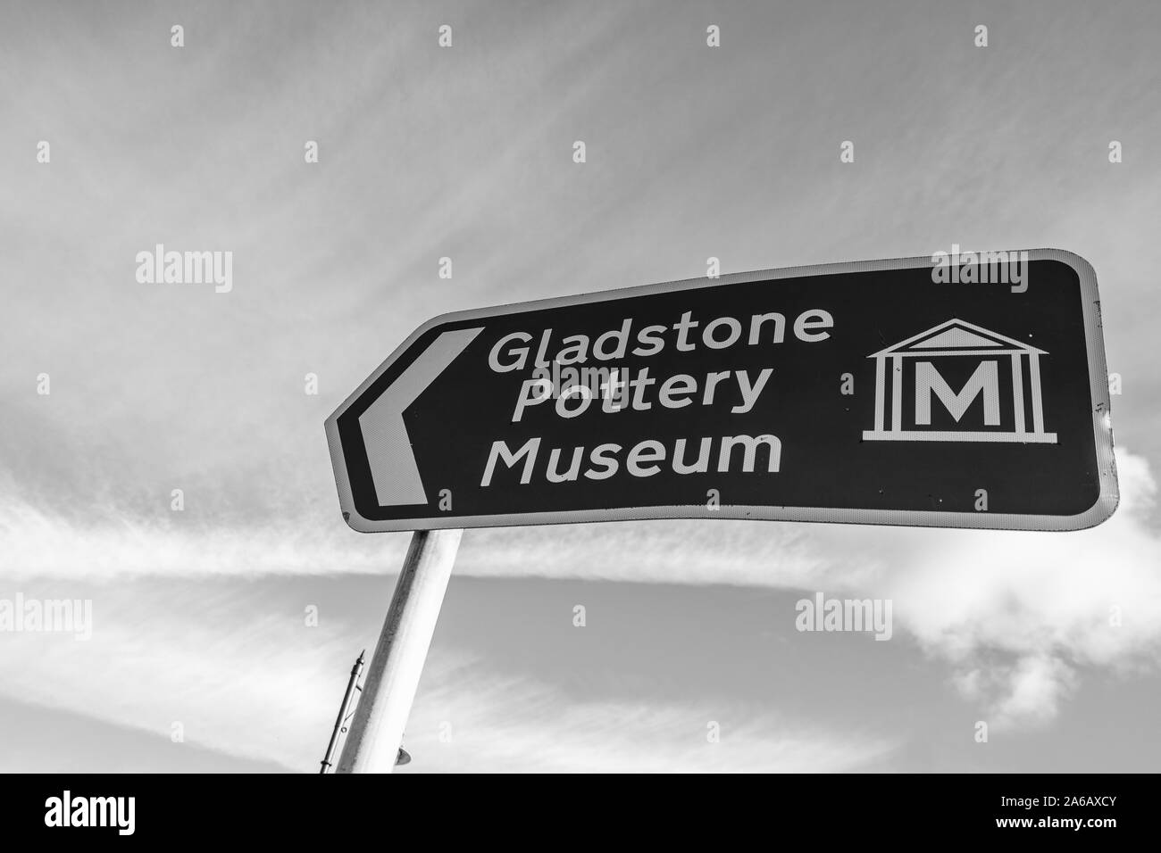The sign to the famous Gladstone pottery museum in Stoke on Trent ...