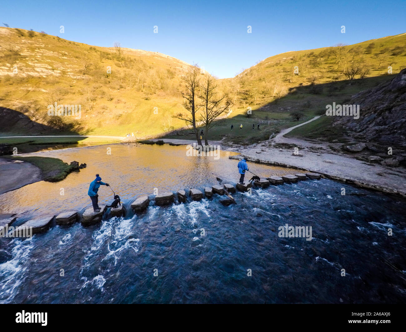 Aerial views of the stunning Dovedale stepping stones and mountains in ...