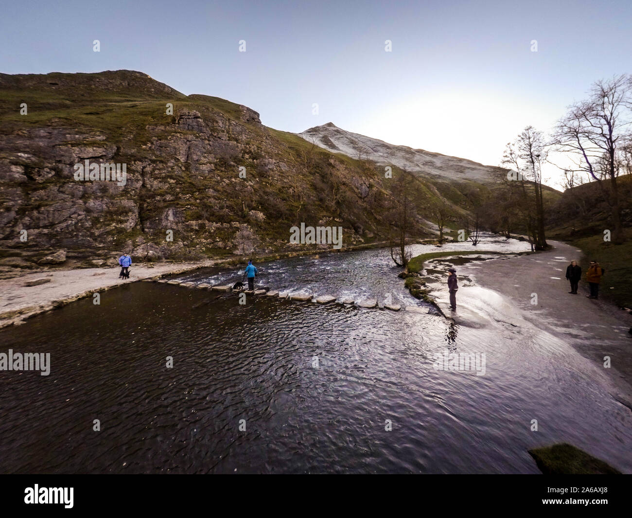 Aerial views of the stunning Dovedale stepping stones and mountains in ...