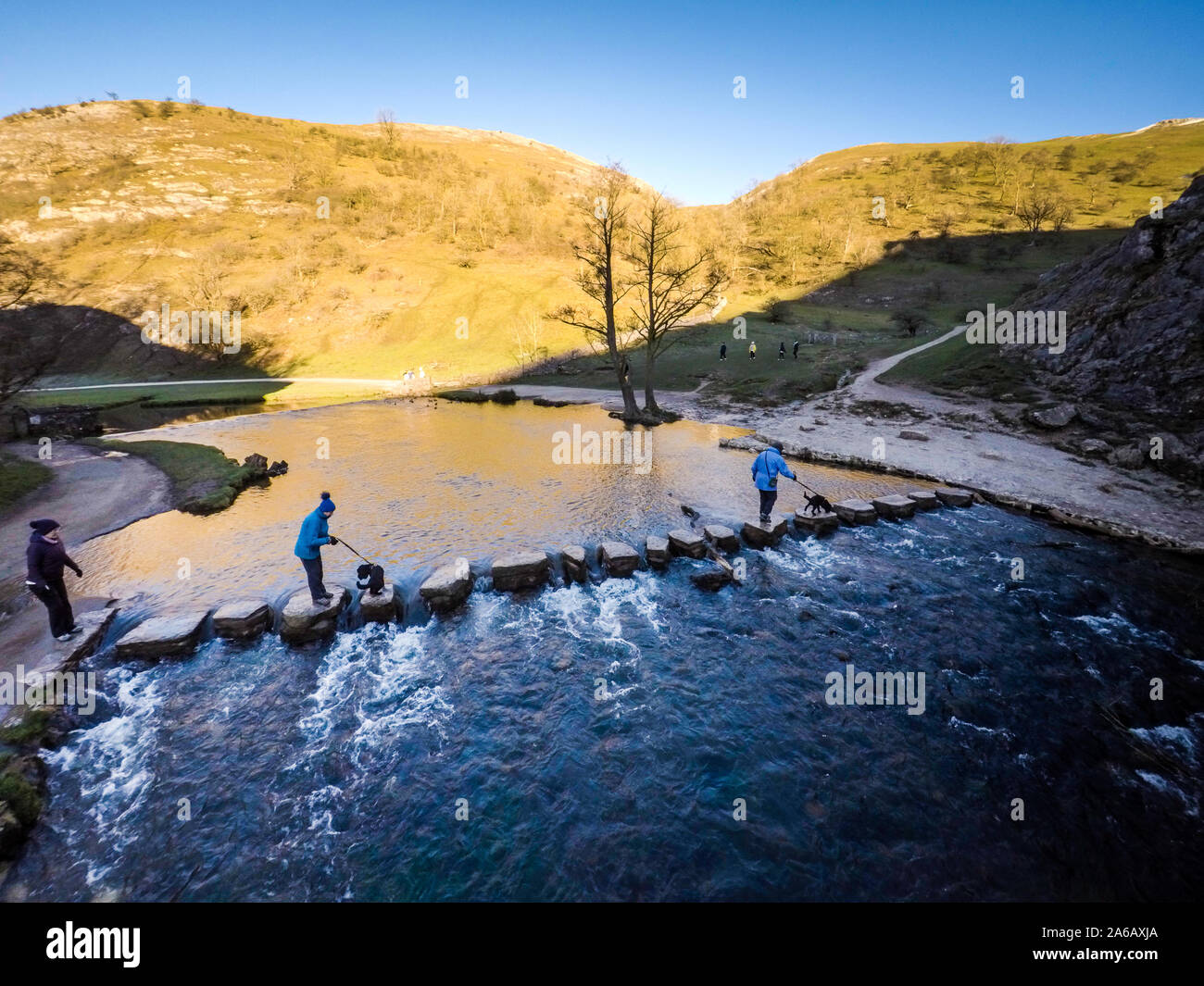 Aerial views of the stunning Dovedale stepping stones and mountains in ...