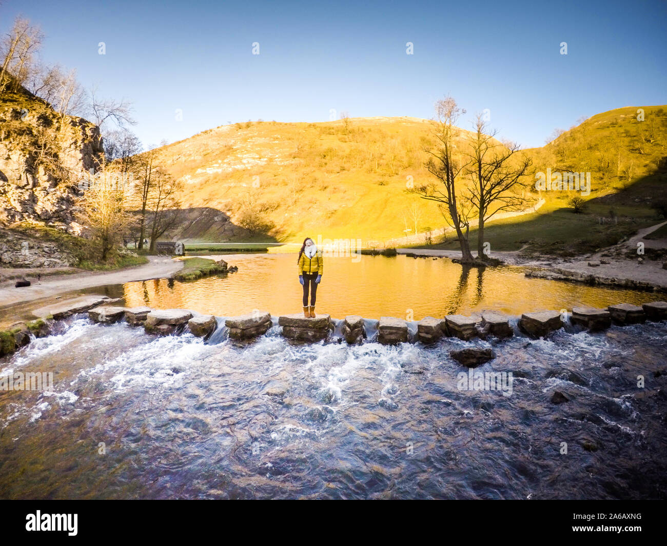 Aerial views of the stunning Dovedale stepping stones and mountains in ...