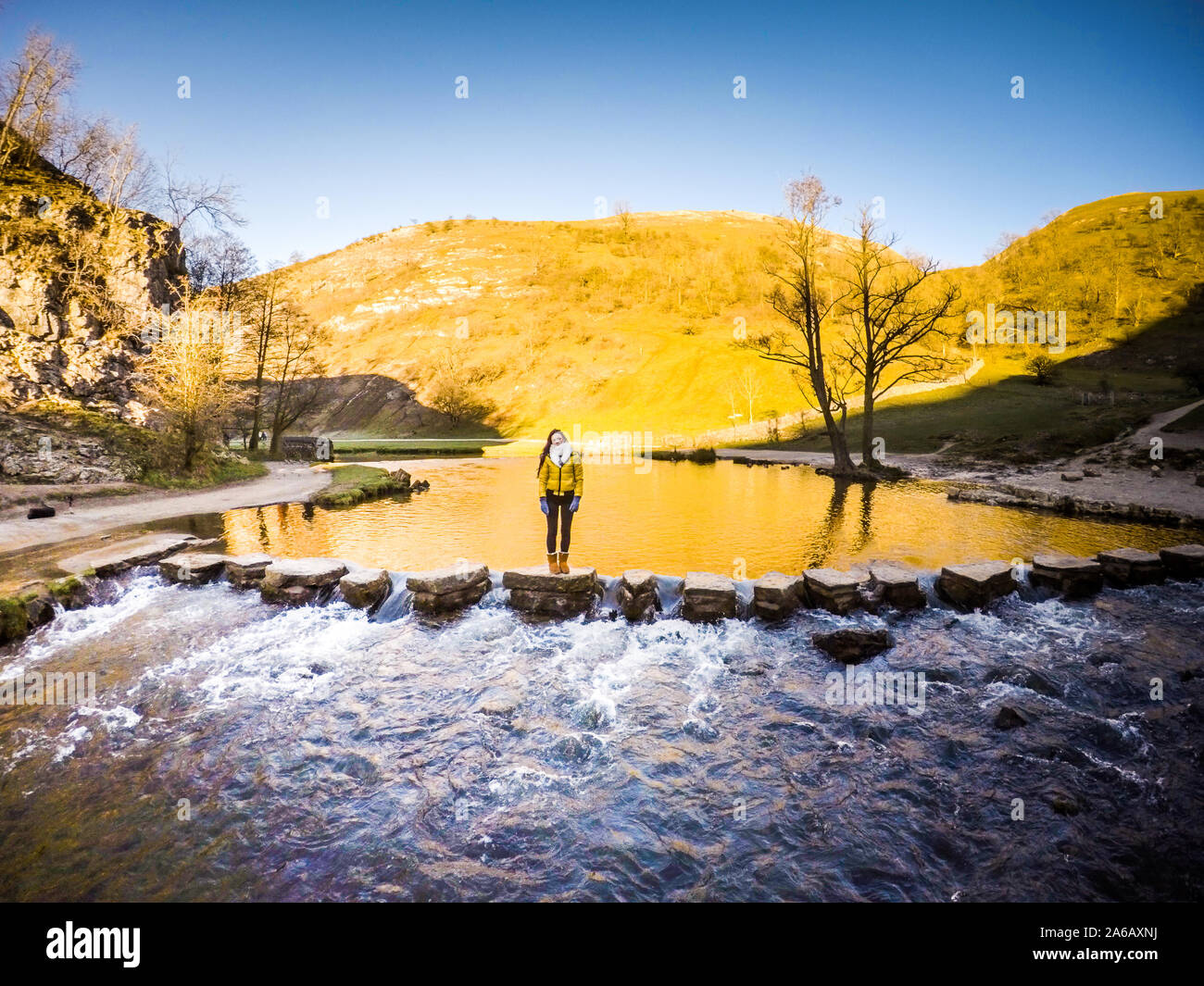 Aerial views of the stunning Dovedale stepping stones and mountains in ...