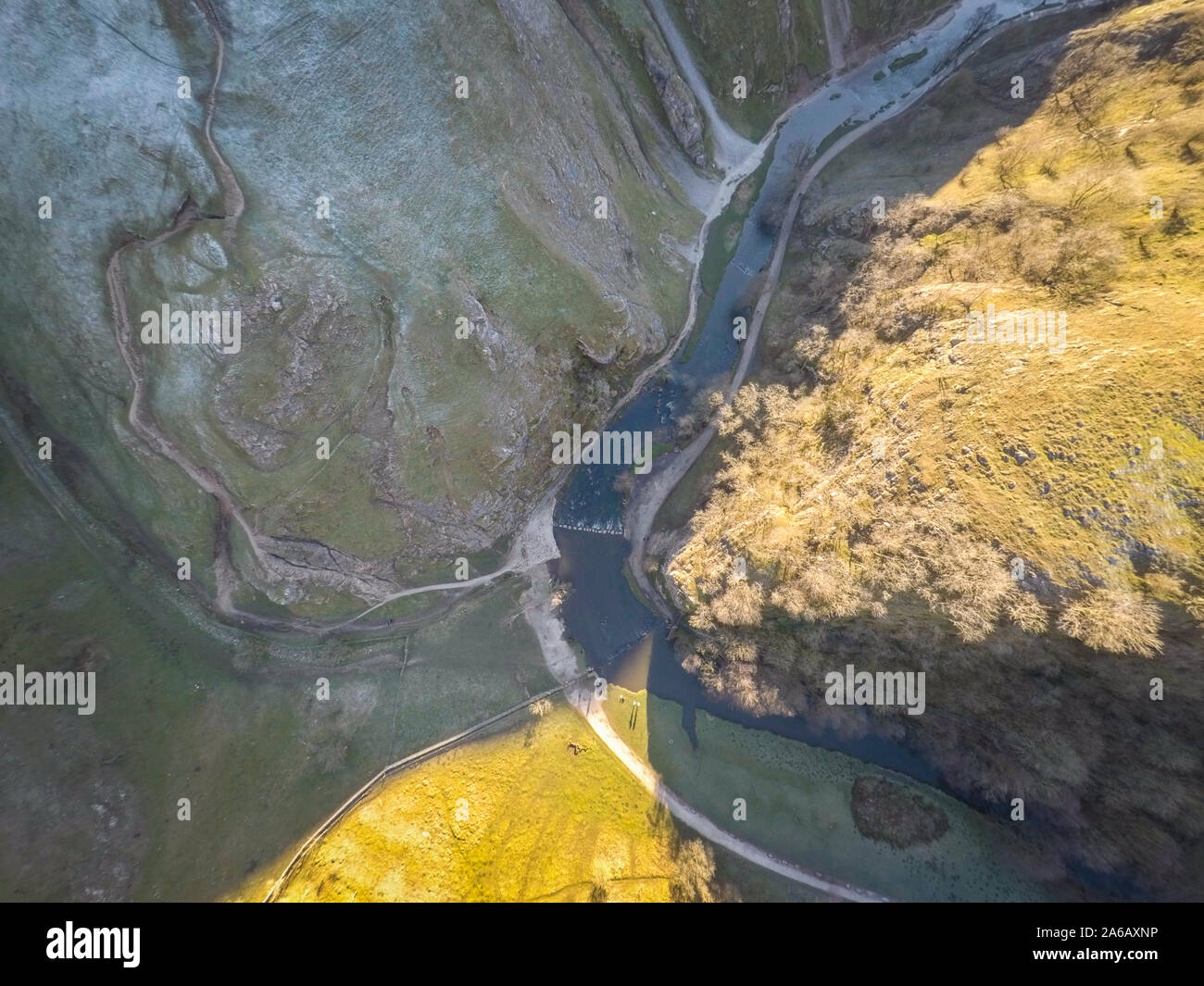 Aerial views of the stunning Dovedale stepping stones and mountains in ...