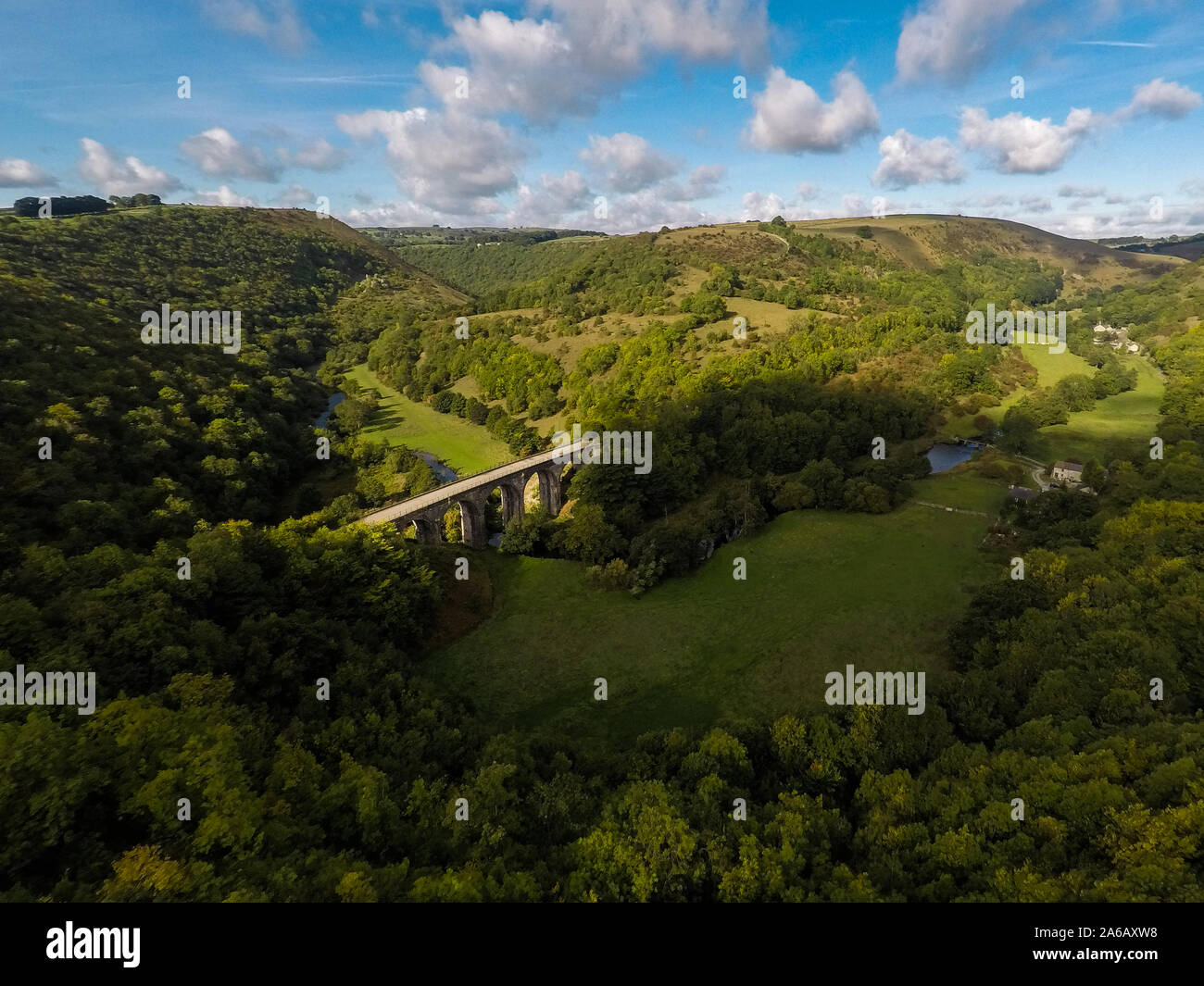 Stunning aerial view of headstone viaduct, railway bridge in the Peak ...