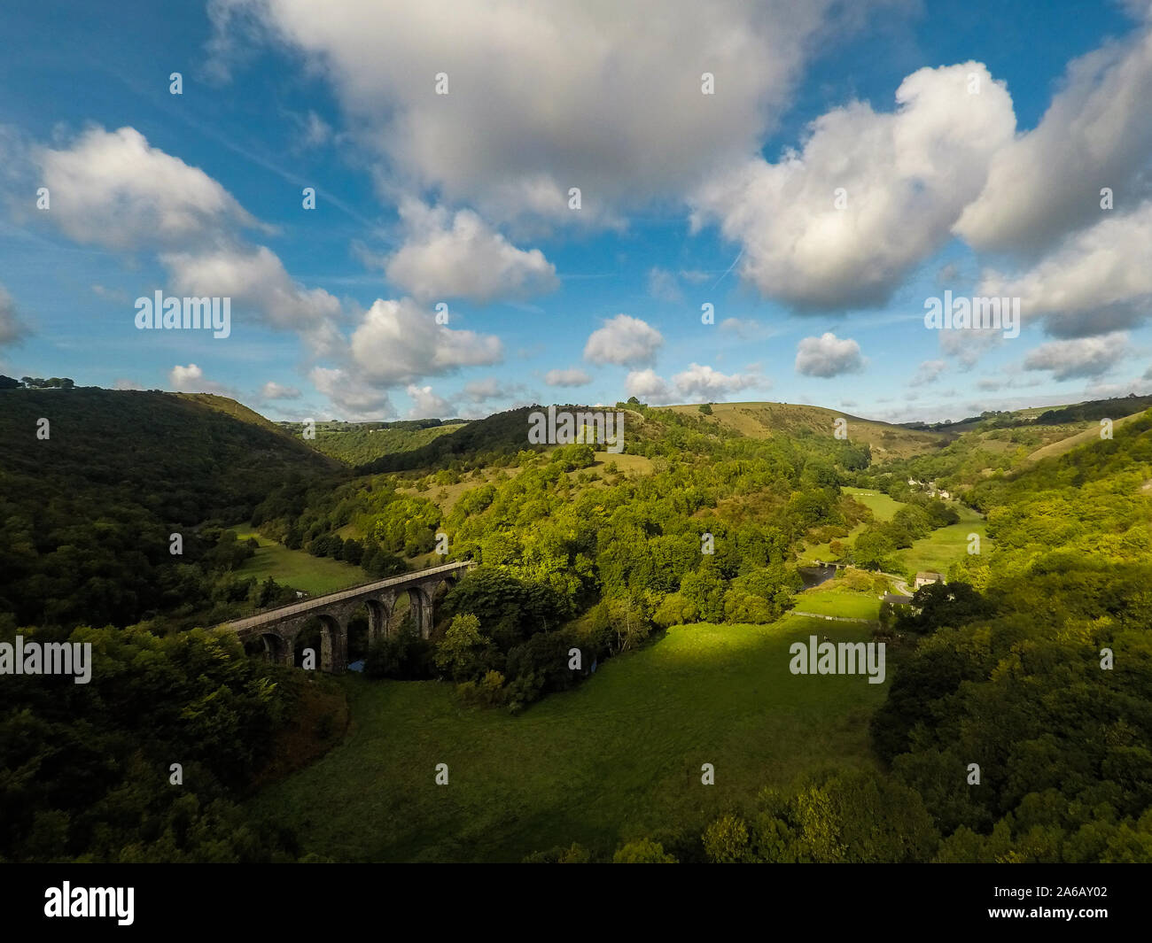 Stunning aerial view of headstone viaduct, railway bridge in the Peak ...