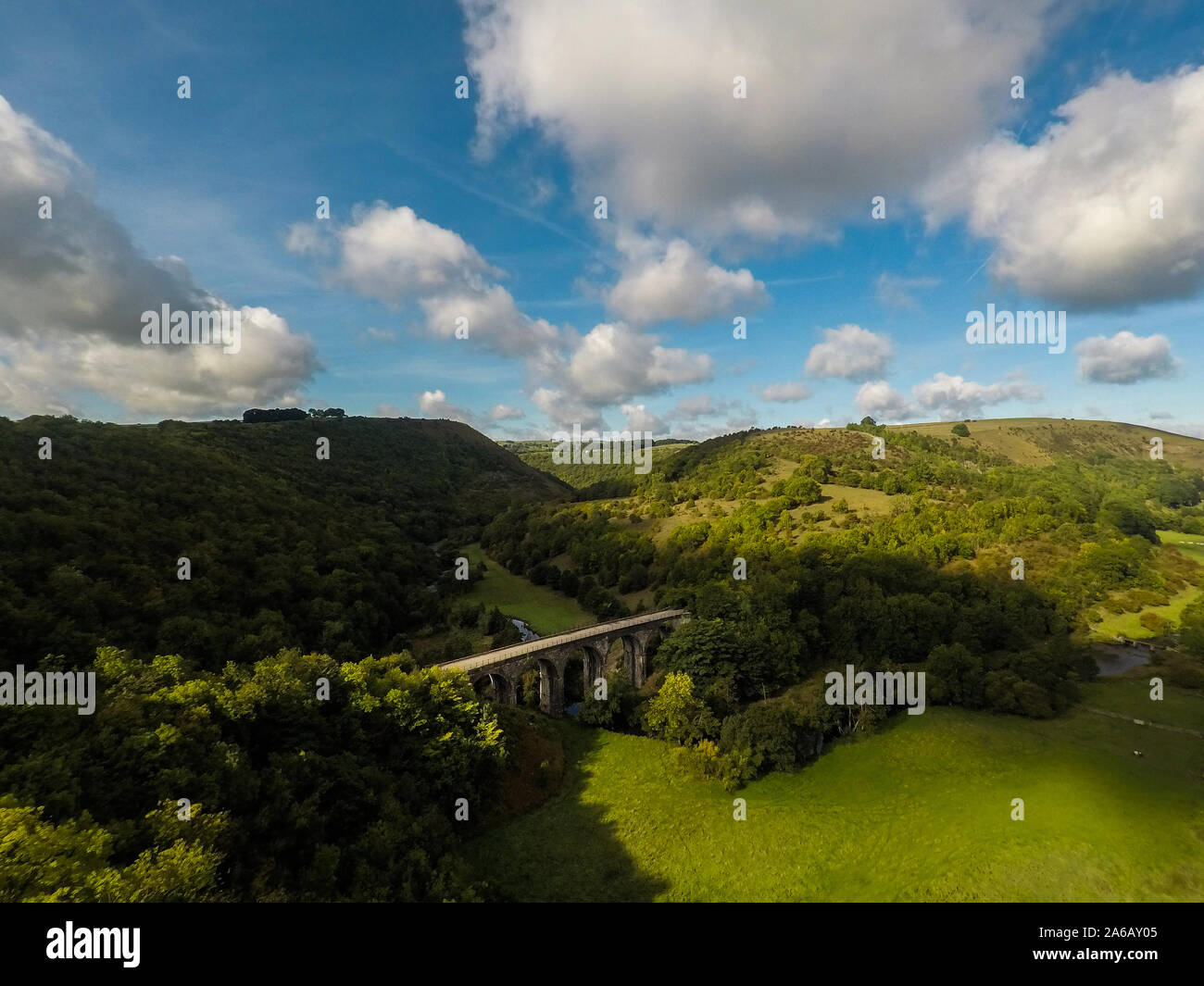 Stunning aerial view of headstone viaduct, railway bridge in the Peak ...