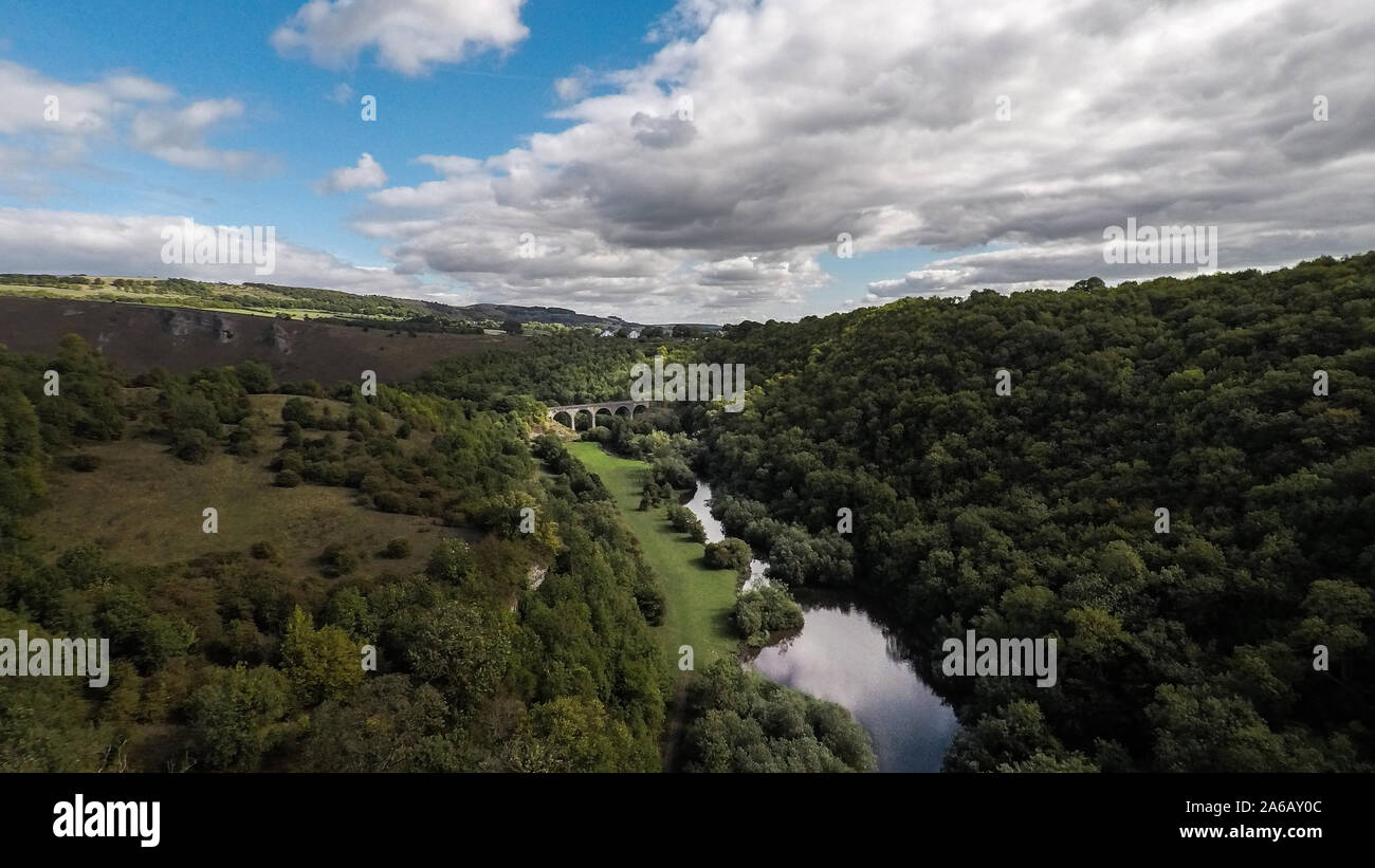 Stunning aerial view of headstone viaduct, railway bridge in the Peak ...