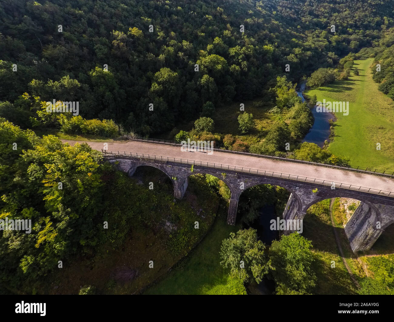 Stunning aerial view of headstone viaduct, railway bridge in the Peak ...