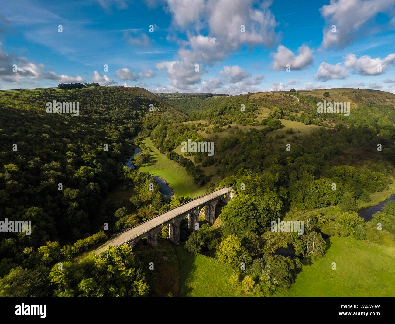Stunning aerial view of headstone viaduct, railway bridge in the Peak ...