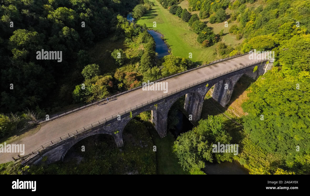 Stunning aerial view of headstone viaduct, railway bridge in the Peak ...
