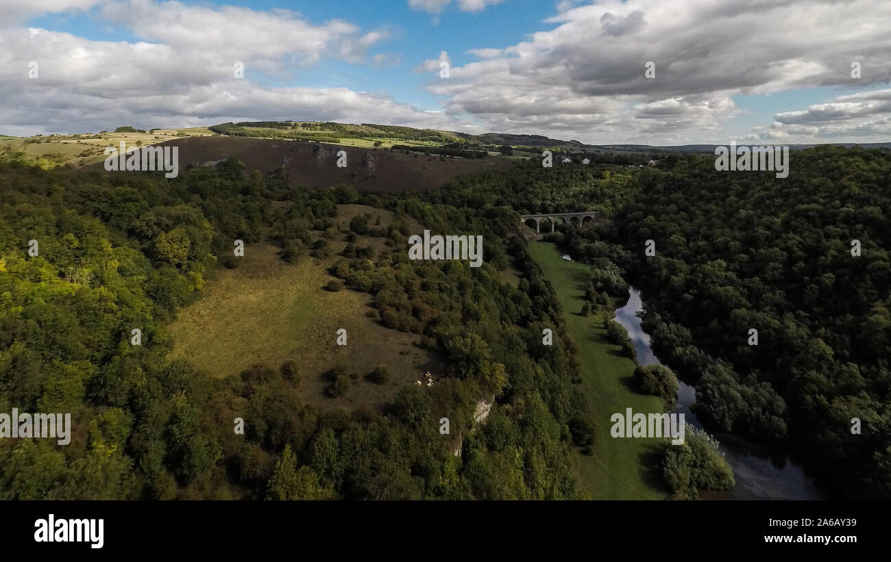 Stunning aerial view of headstone viaduct, railway bridge in the Peak ...