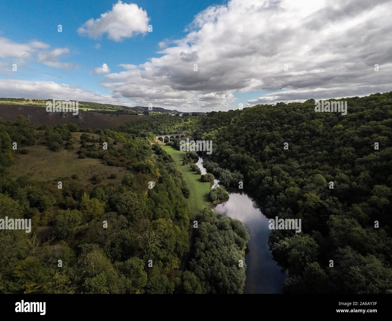 Stunning aerial view of headstone viaduct, railway bridge in the Peak ...