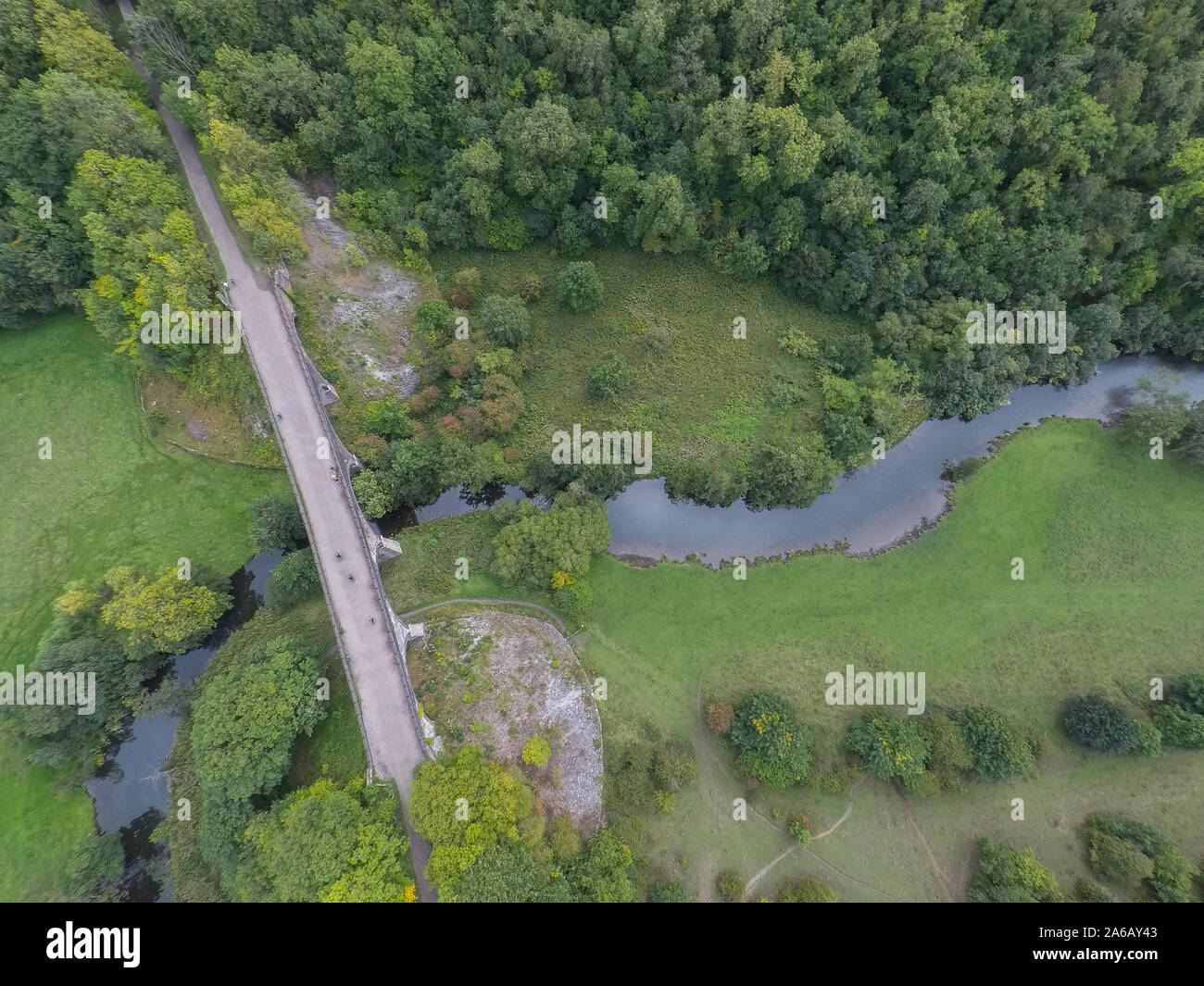 Stunning aerial view of headstone viaduct, railway bridge in the Peak ...