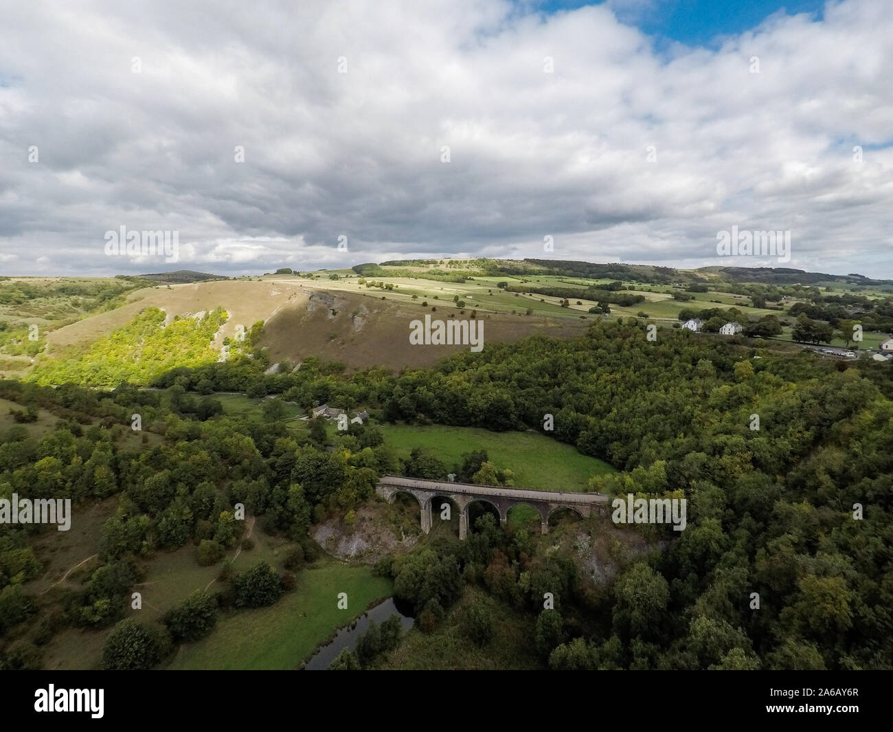 Stunning aerial view of headstone viaduct, railway bridge in the Peak ...