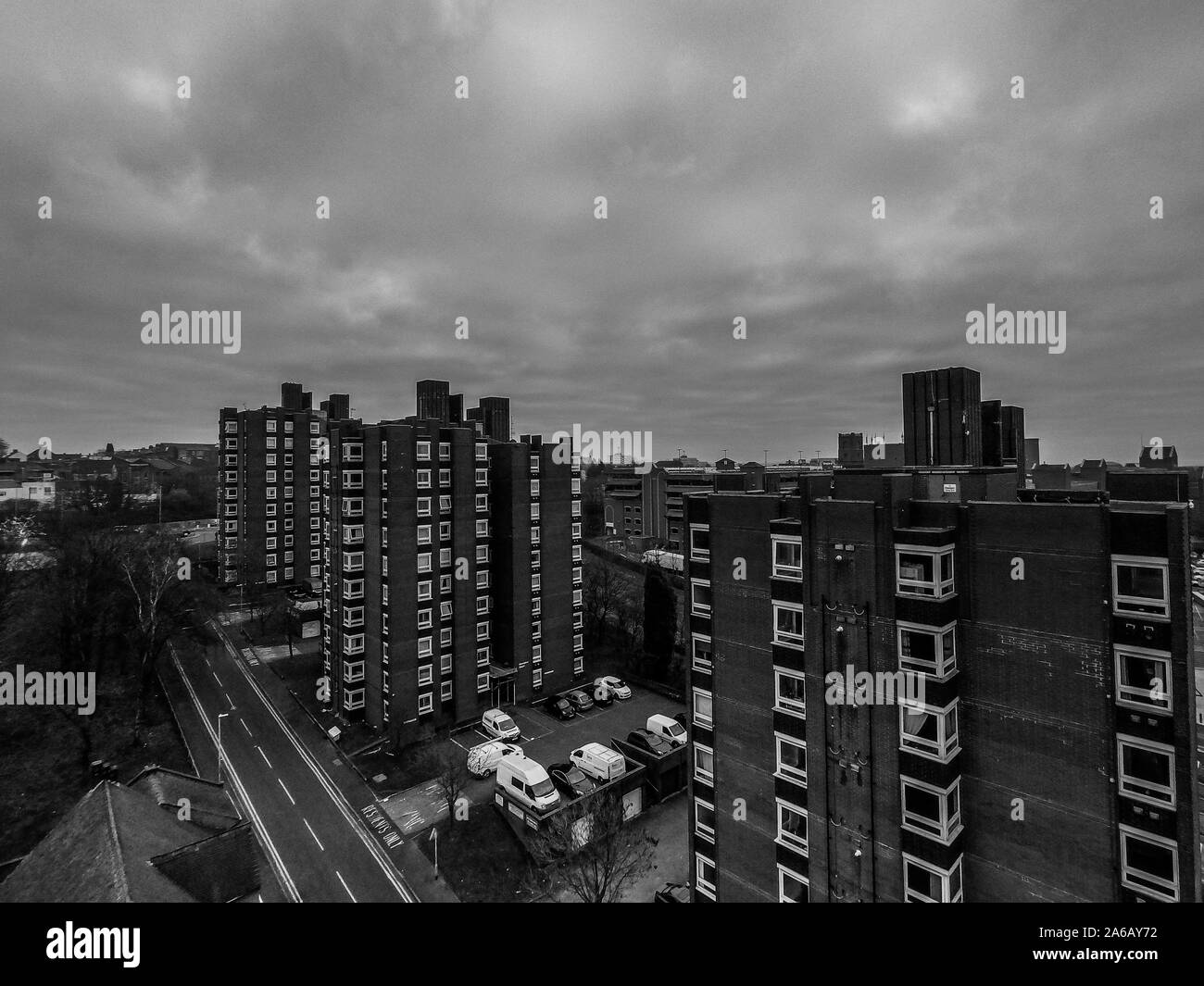 Aerial view of high rise tower blocks, flats built in the city of Stoke ...