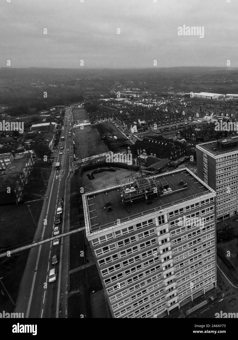 Aerial view of high rise tower blocks, flats built in the city of Stoke ...