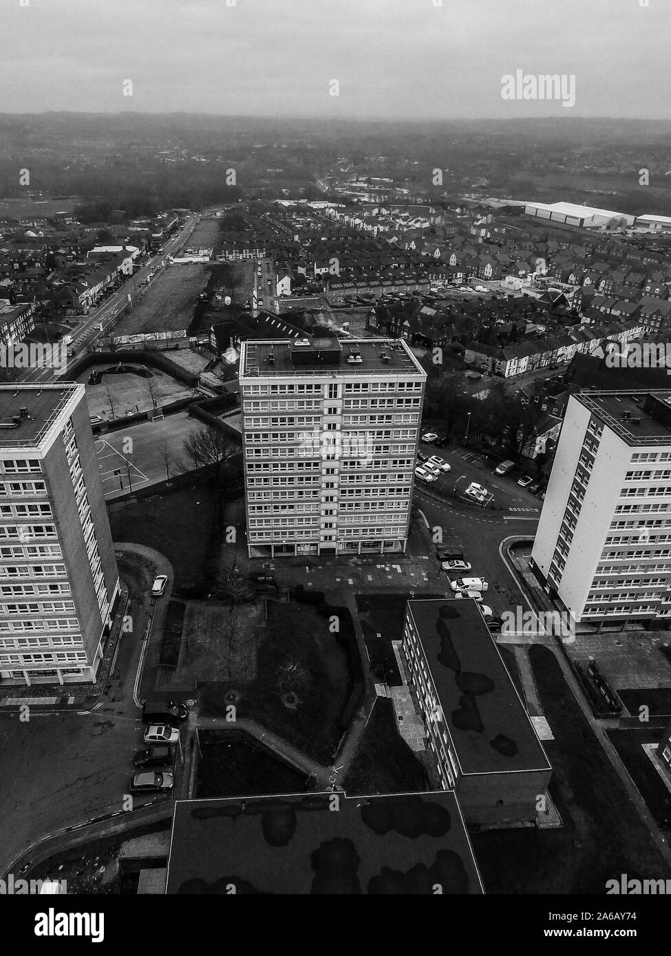 Aerial view of high rise tower blocks, flats built in the city of Stoke ...